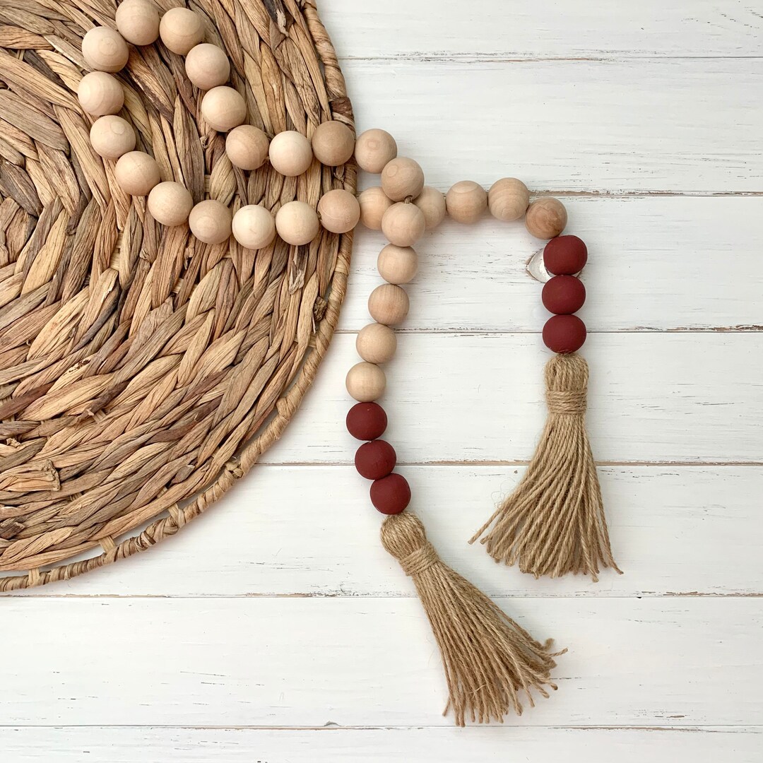 Red Wood Bead Garland// Rustic Farmhouse Beads // Christmas Holiday ...
