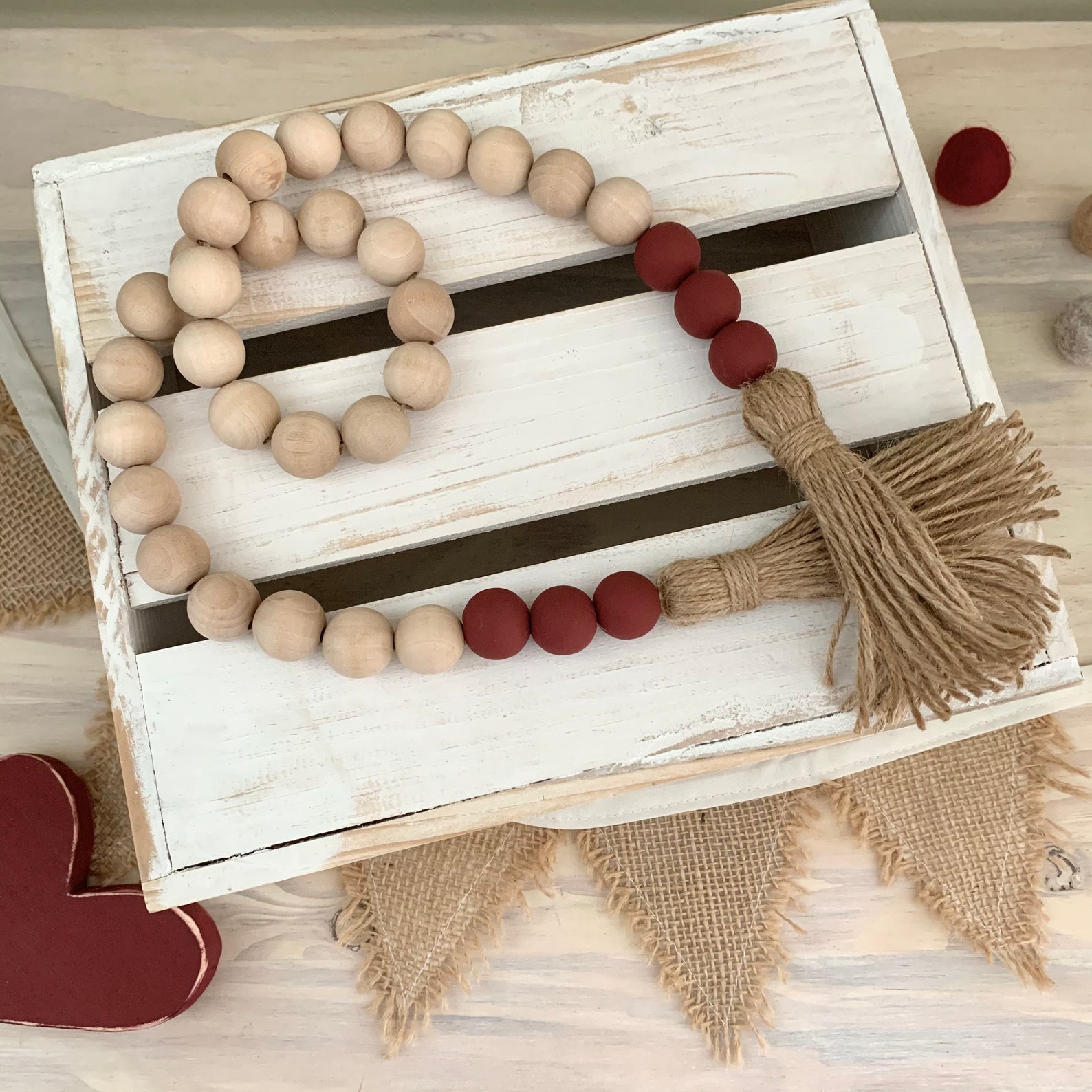 Red Wood Bead Garland// Rustic Farmhouse Beads // Christmas - Etsy