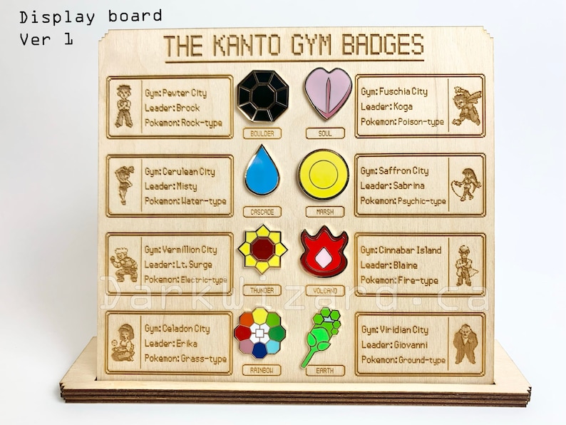 Kanto Gym Badges With Laser Engraved Display Board, Anime Pin - Etsy