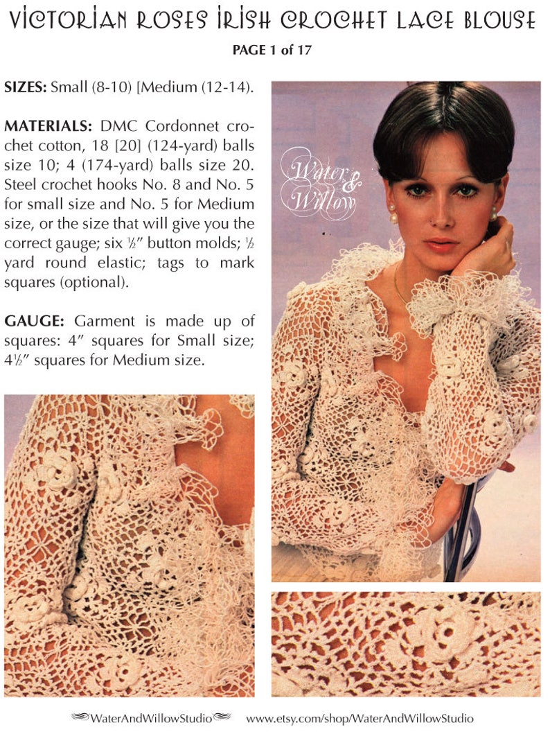 Victorian Roses Irish Crochet Ruffled Blouse Vintage Pattern 17 Pages ...