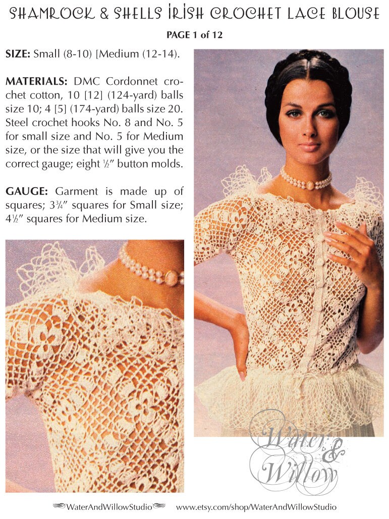 Irish Crochet Lace Shamrocks and Shells Blouse Vintage Pattern 12 Pages DIGITAL Instant Download ...