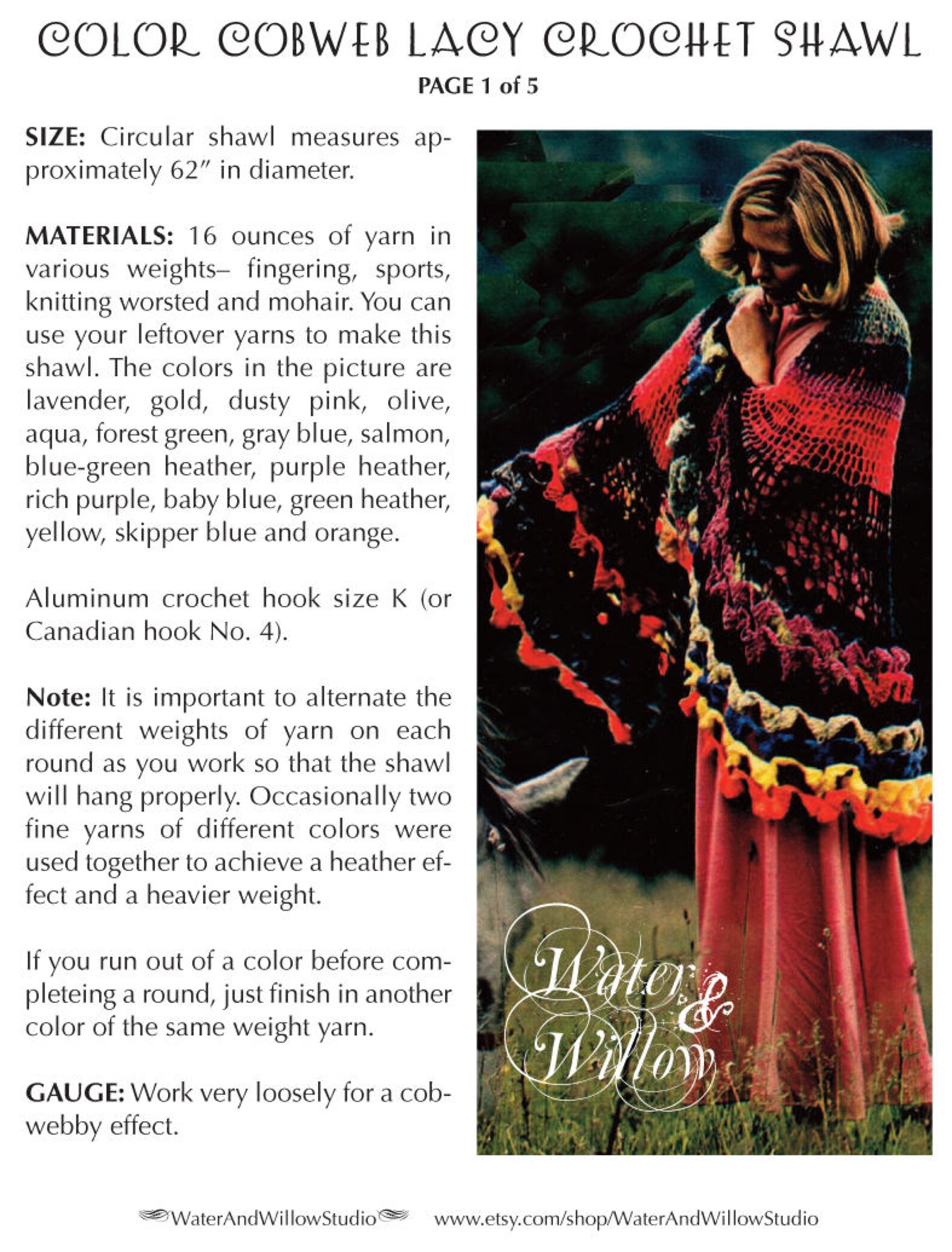 1970s Color Cobweb Lacy Crochet Shawl Vintage Pattern 5 Pages DIGITAL ...