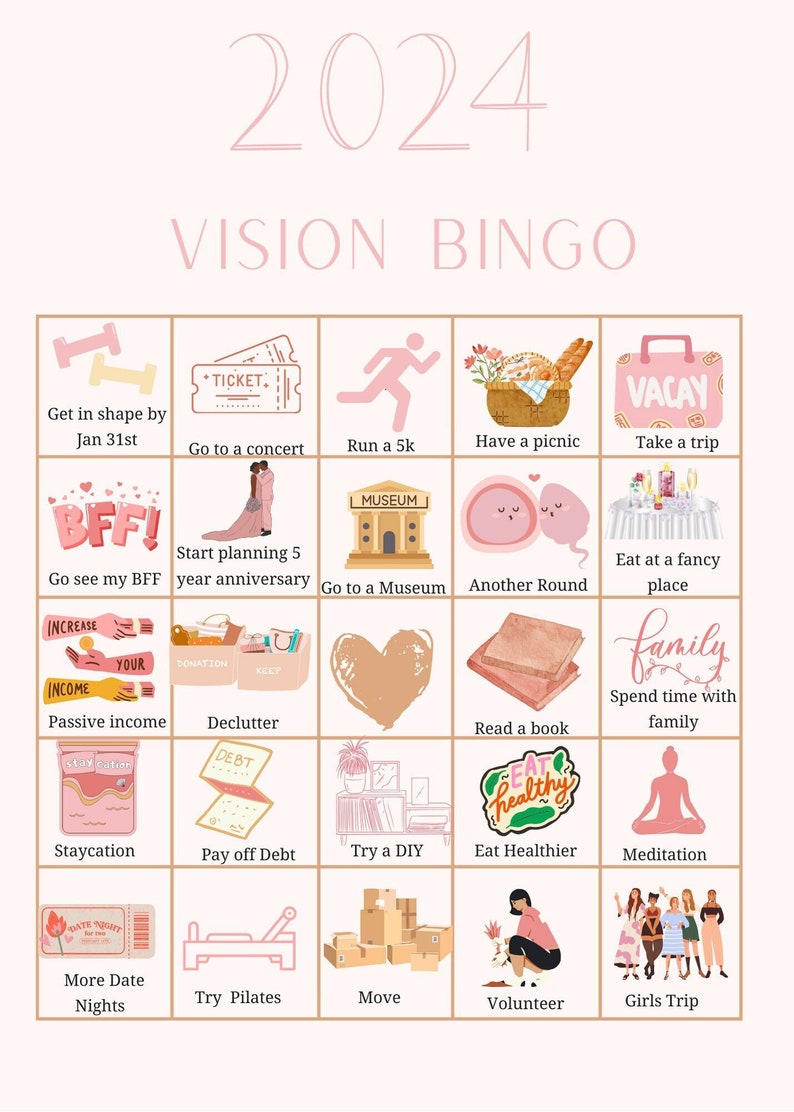 2024 Vision Board Bingo Template, Personal Goals Bingo Game, Aesthetic ...