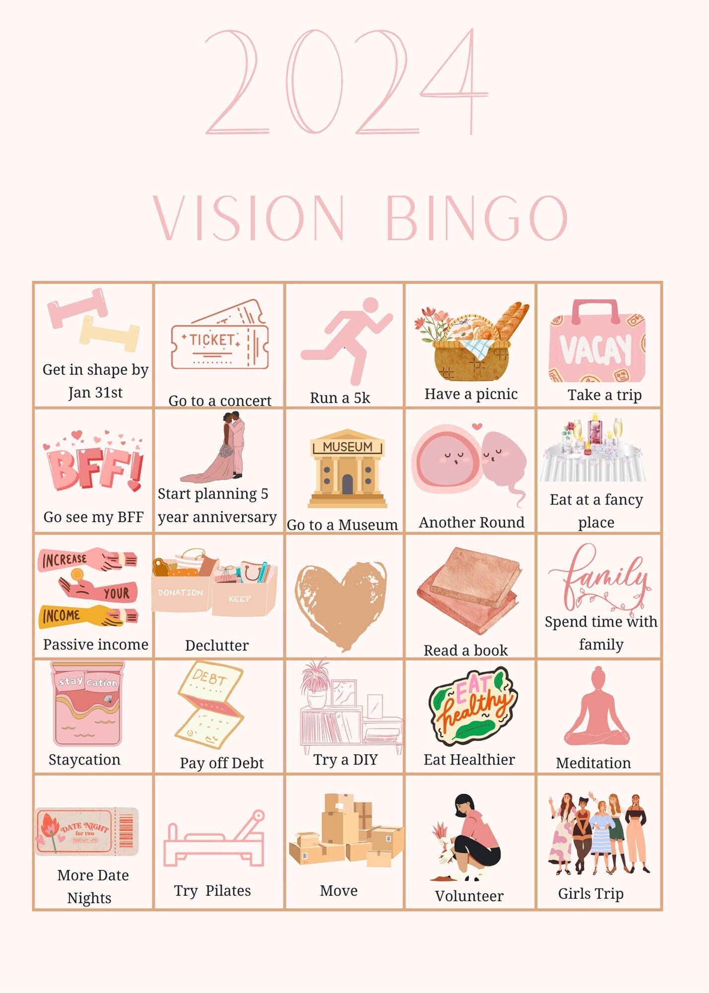 2024 Vision Board Bingo Template, Personal Goals Bingo Game, Aesthetic ...