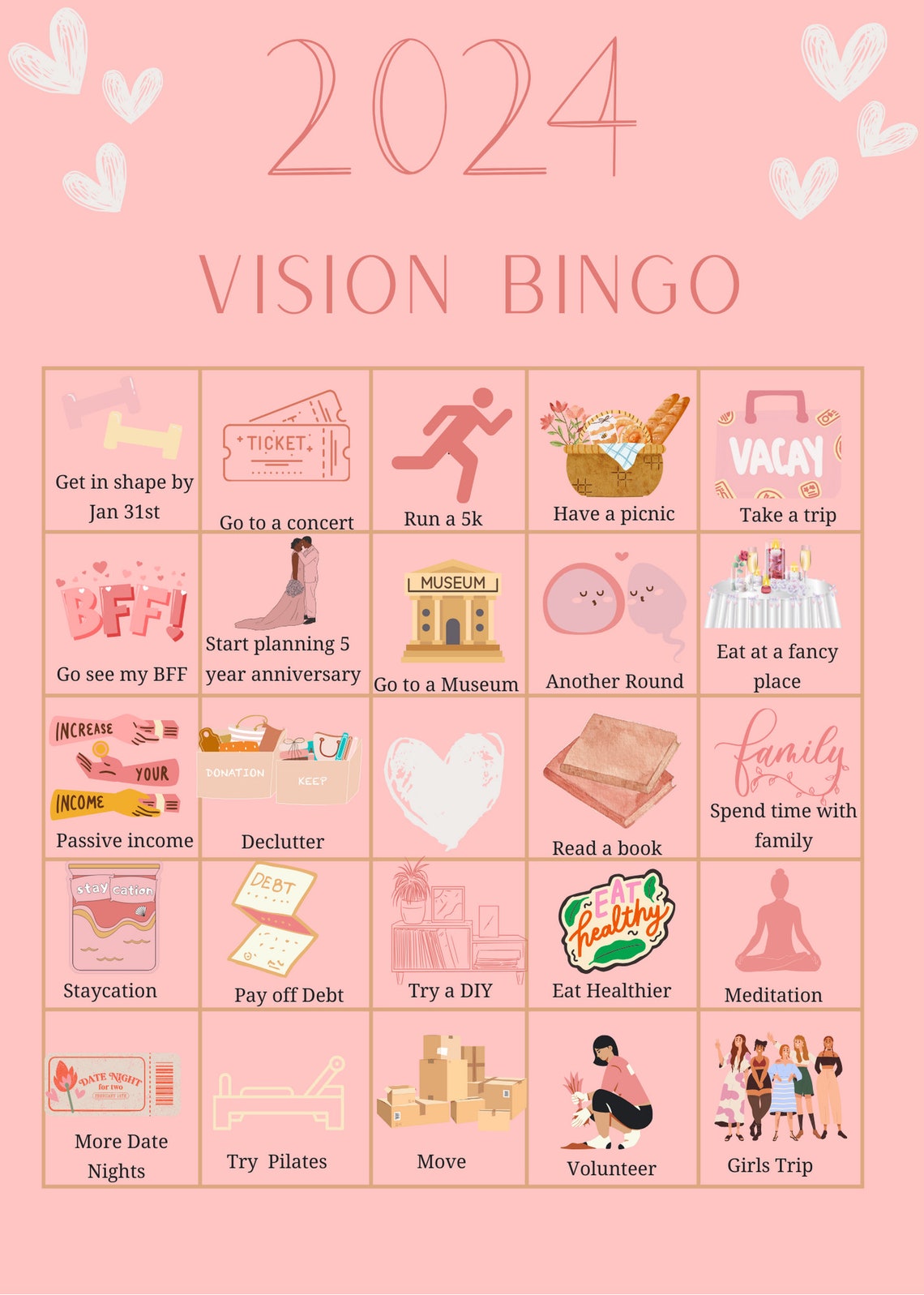 2024 Vision Board Bingo Template, Personal Goals Bingo Game, Aesthetic ...