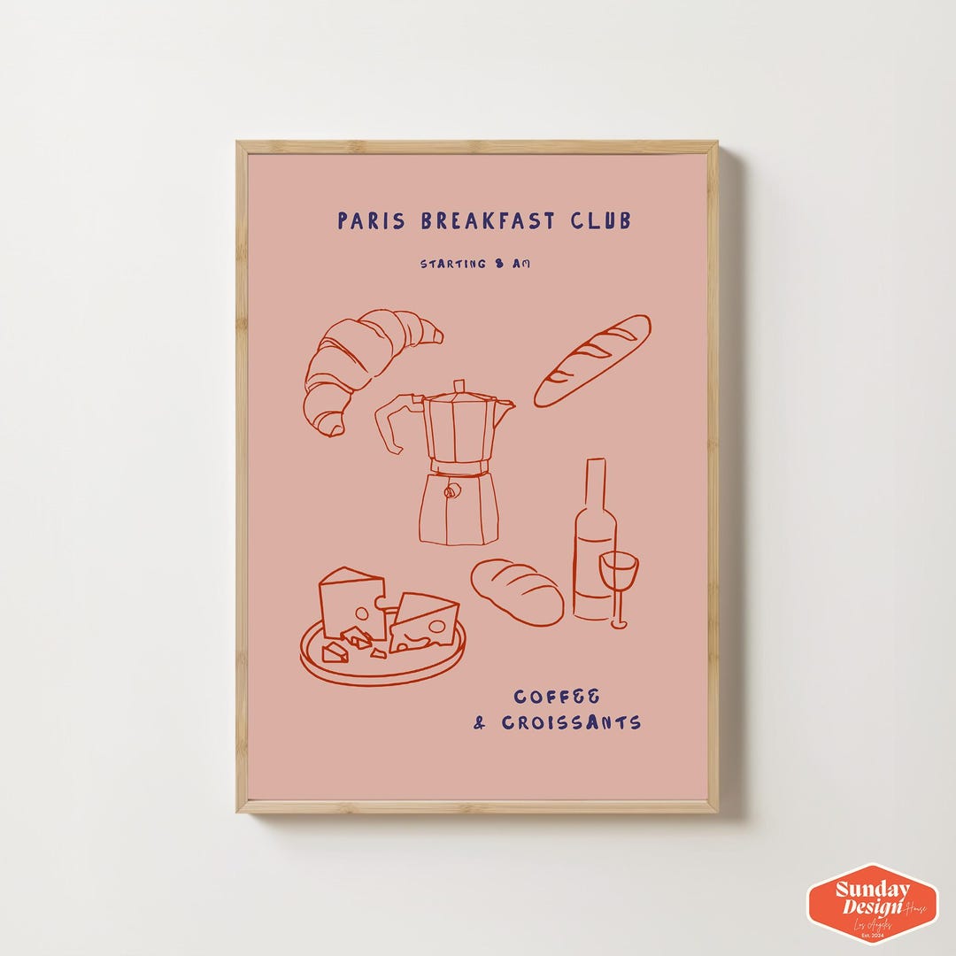 Paris Breakfast Club Poster, Baguette and Croissant Print, Wine and ...