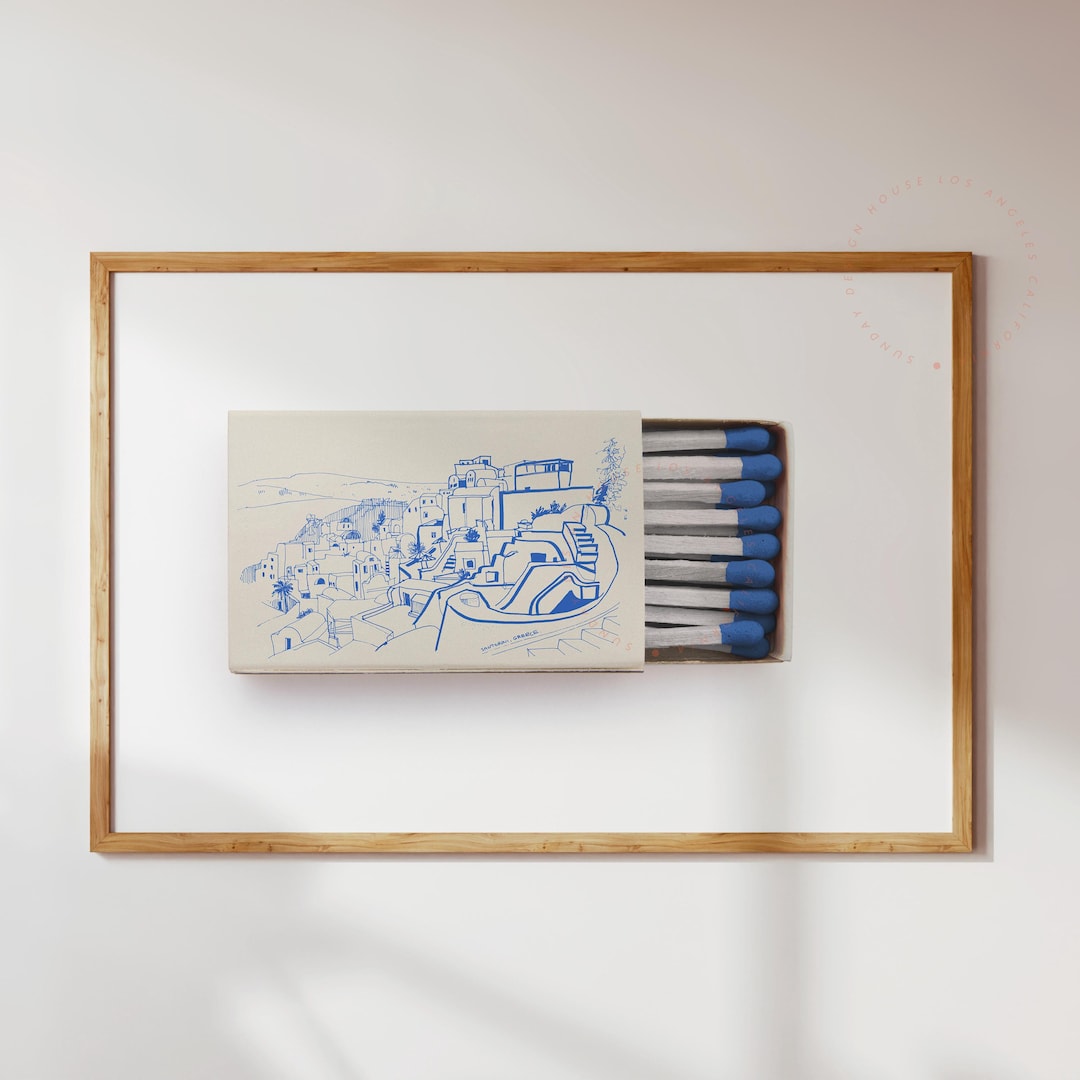 Santorini Matchbox Travel Poster, Retro Matchbox Navy Blue Greece Print ...