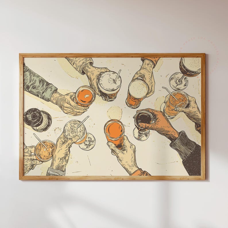 Cheers Poster Art, Vintage Drink Illustration, Hand Drawn Cocktail ...