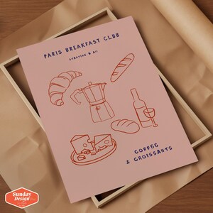 Paris Breakfast Club Poster, Baguette and Croissant Print, Wine and ...