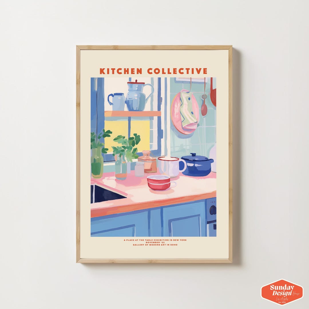 Kitchen Art Print, Kitchen Food Line Art Poster, Colorful Kitchen Wall ...