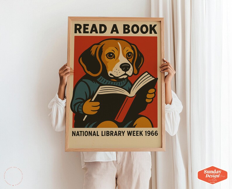 Read a Book Dog Poster, Dog Reading Art Print, Cute Dog Poster, Library ...