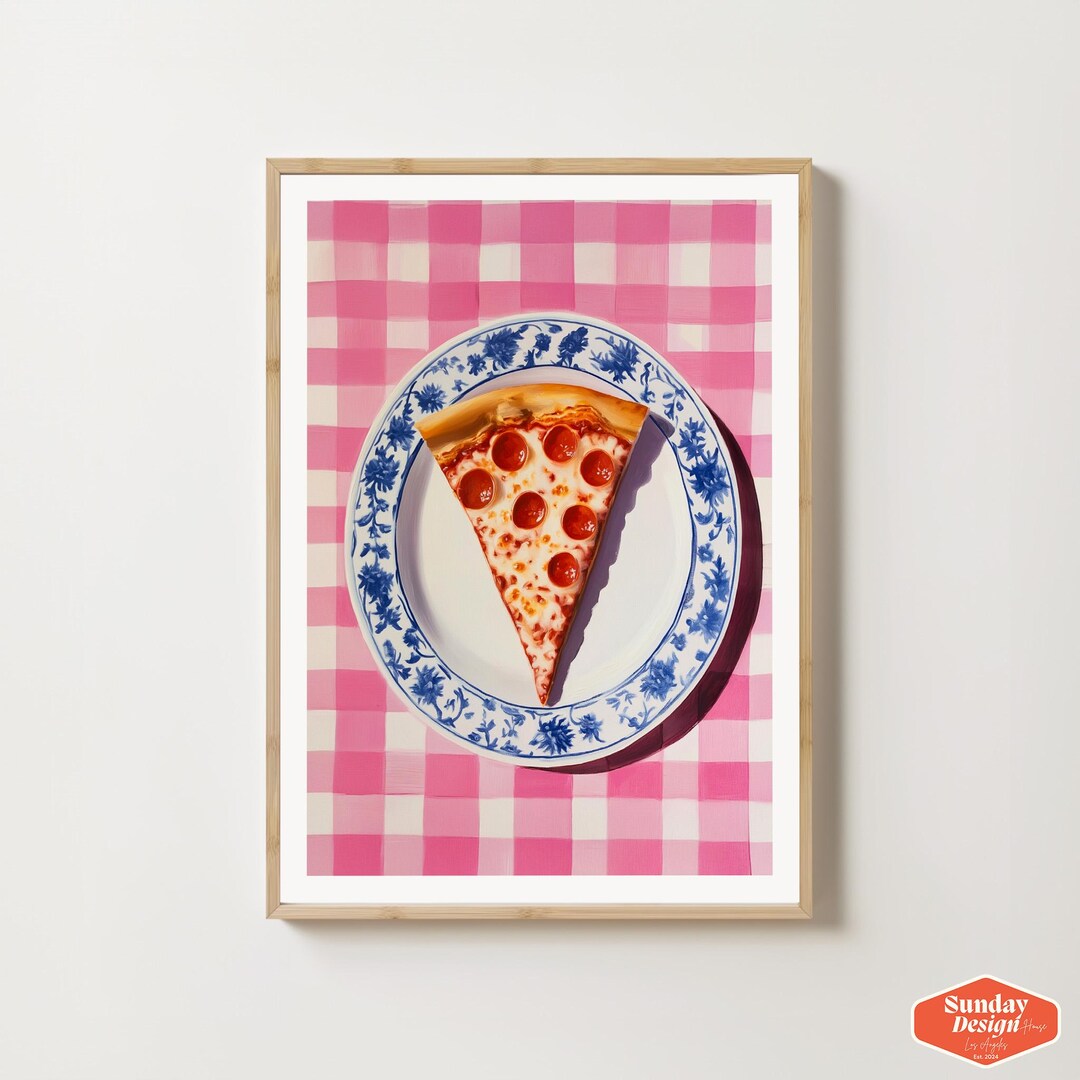 Pizza Art Poster, Italian Restaurant Wall Art Print, Pink Themed Pizza ...