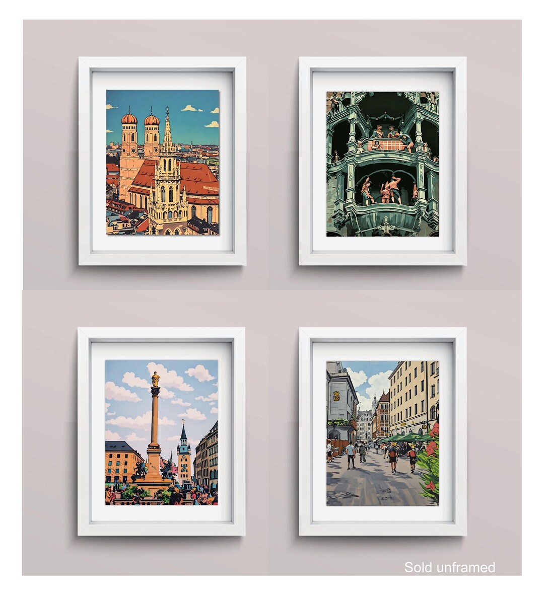 4 Pieces Set - Munich Germany - Retro Vintage Quadriptych Wall Pop Art ...