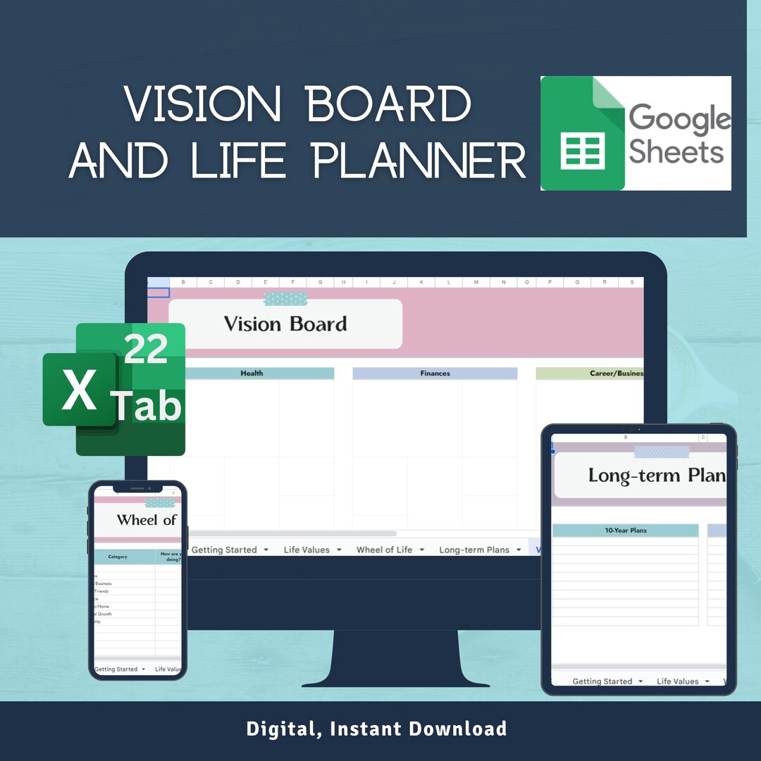 Vision Board and Life Planner, Google Sheet, Digital, Instant Download ...