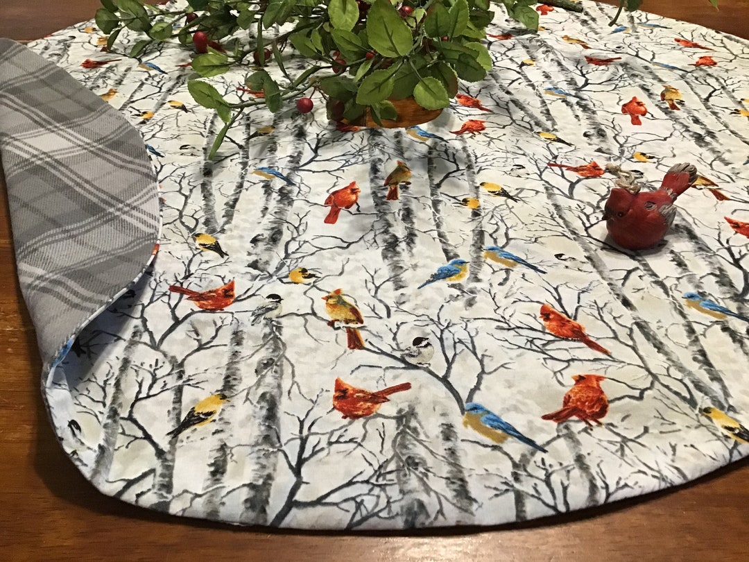 Reversible Cardinal Christmas Tree Skirt: Gray Plaid & Woodsy Songbird ...
