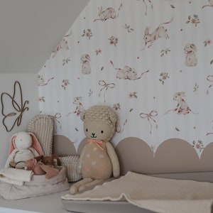 Pink Rabbits on Stripes DEKORNIK Wallpaper, Cute Nursery Wall Decor - Etsy