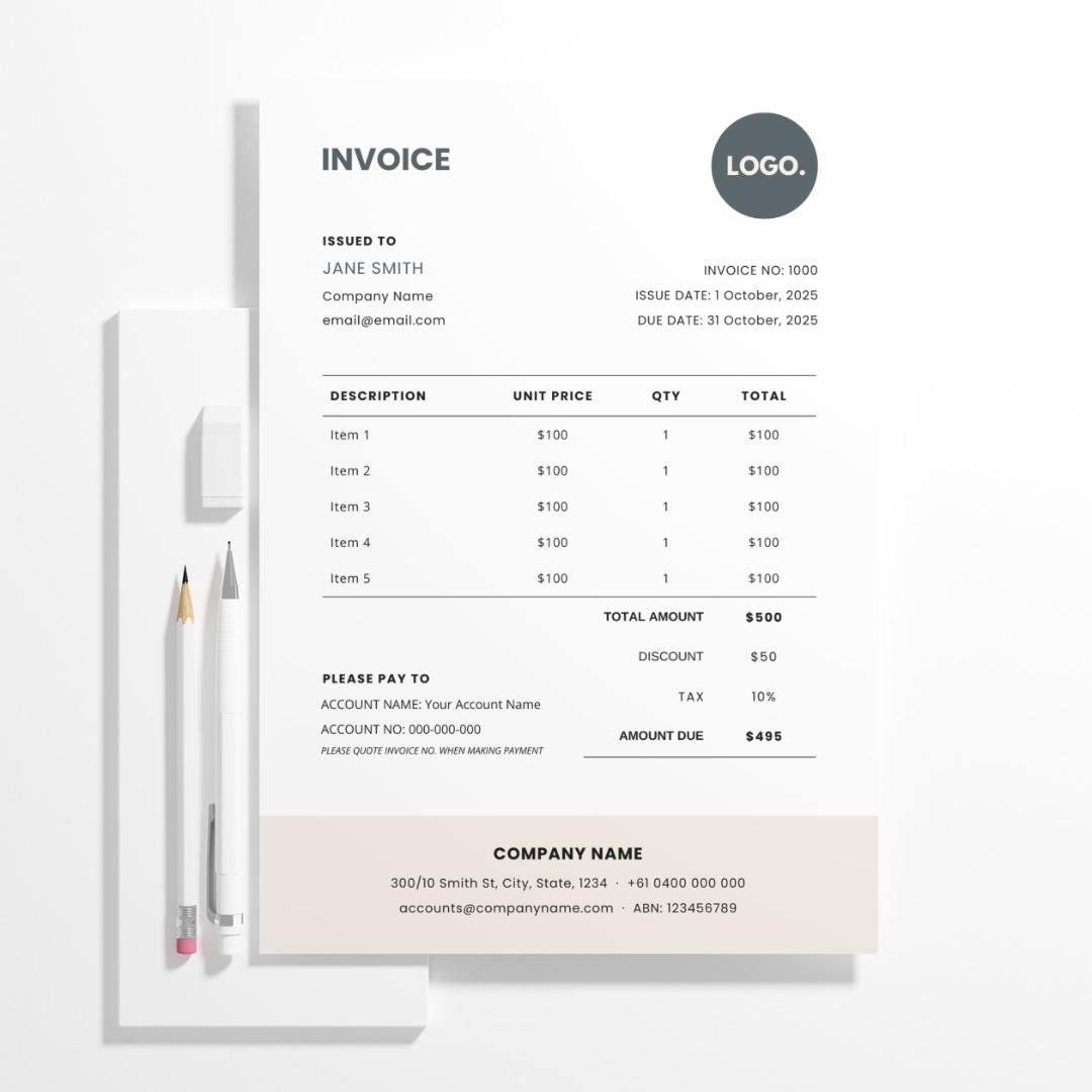 Simple Business Invoice, Minimalist Invoice, Small Business Invoice ...