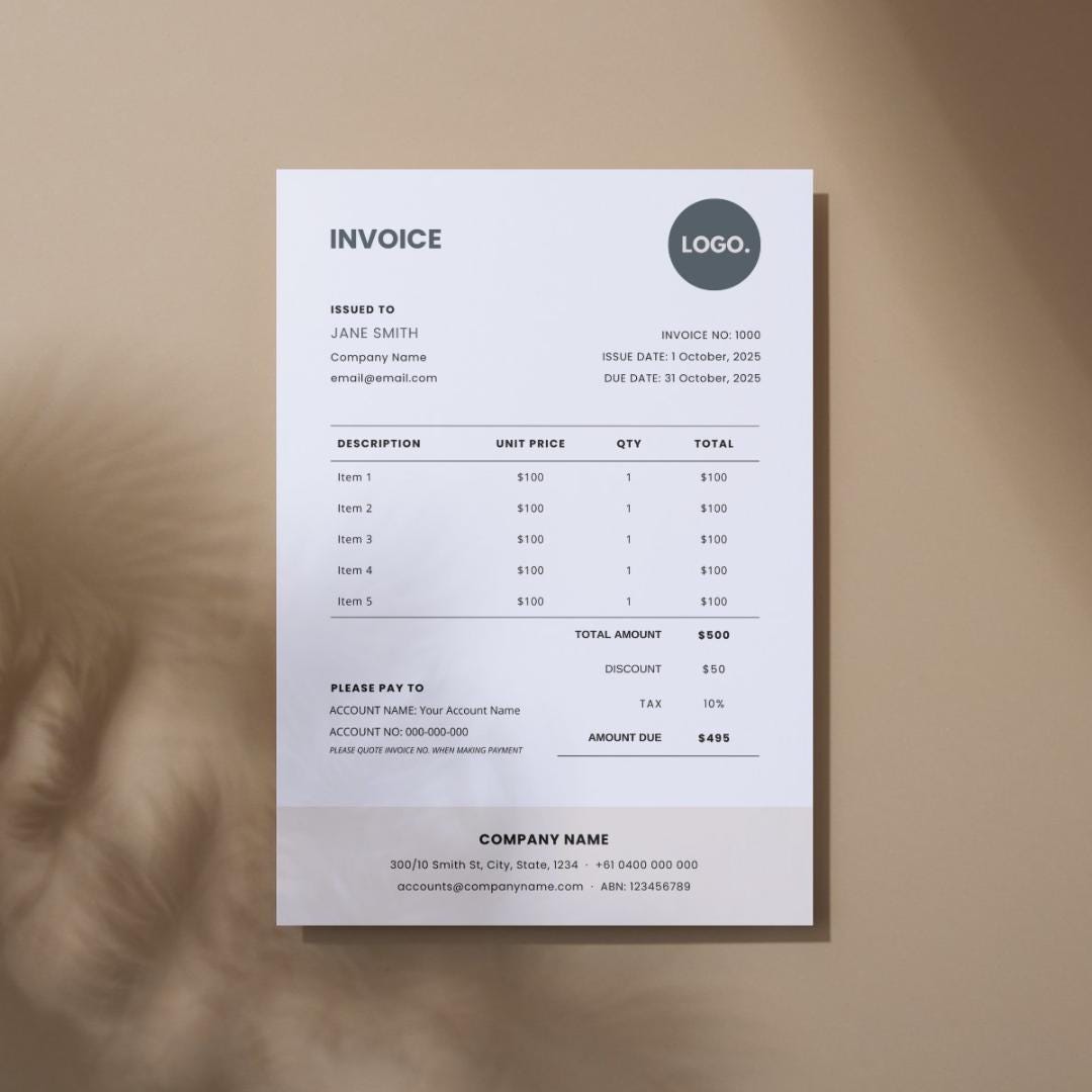 Simple Business Invoice, Minimalist Invoice, Small Business Invoice ...