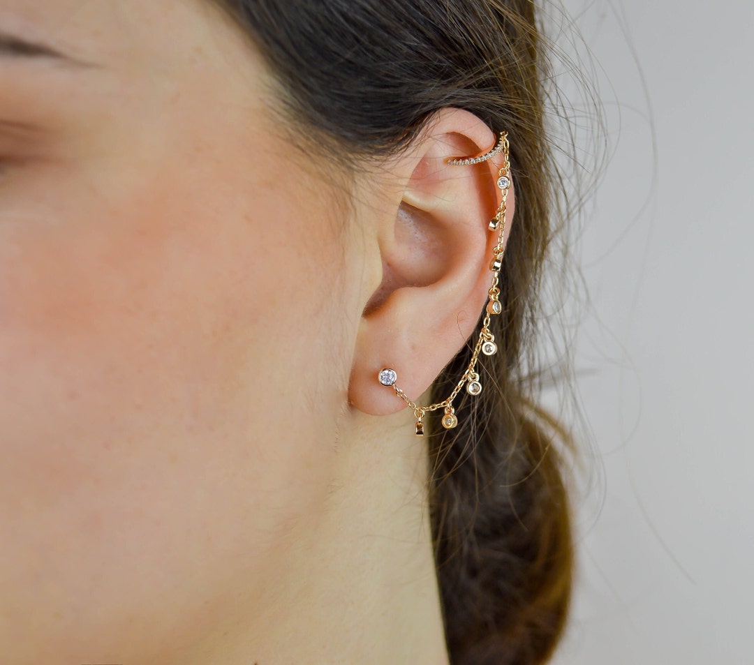 Ear Cuff Earring With Chain and Hoop Long Chain Crawler - Etsy