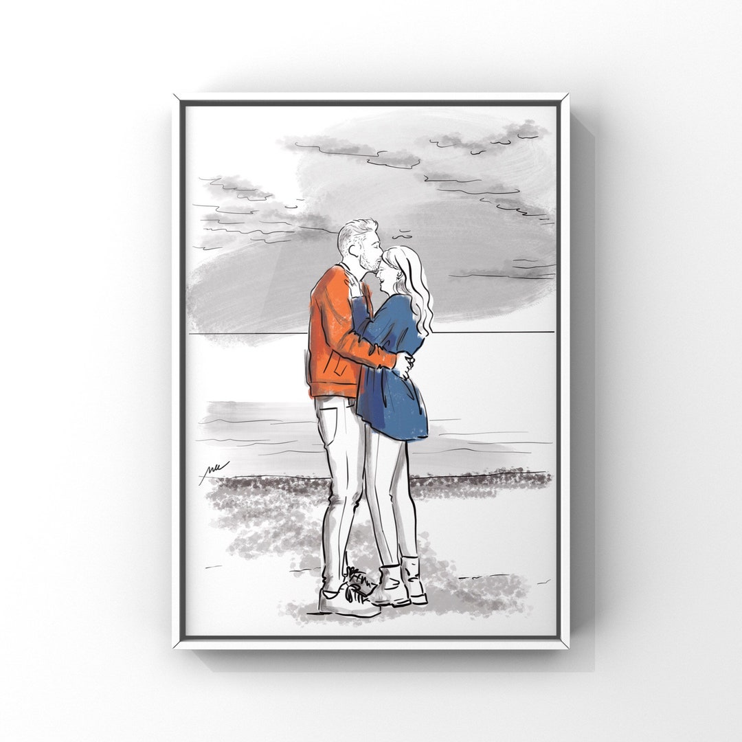 Minimalist Digital Couple Illustration, Simple Couple Drawing, Blue ...