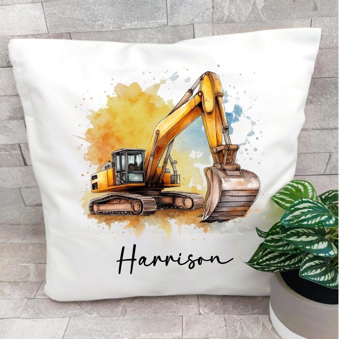 Personalised Digger Cushion: Kids Excavator Pillow, Construction Room ...