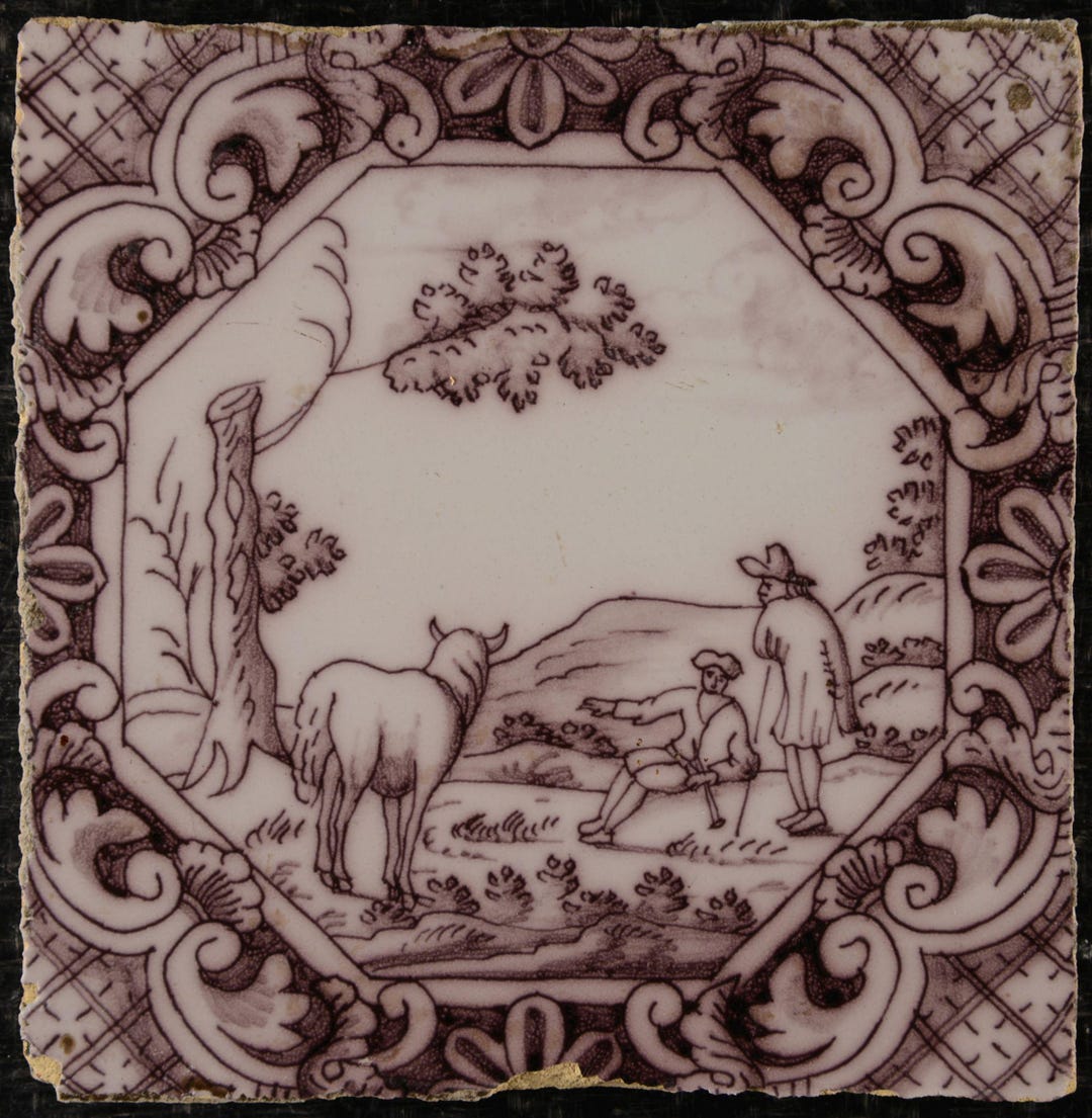 Antique Delft Tile 1750 Pastoral Scene Within an Octagonal Frame ...
