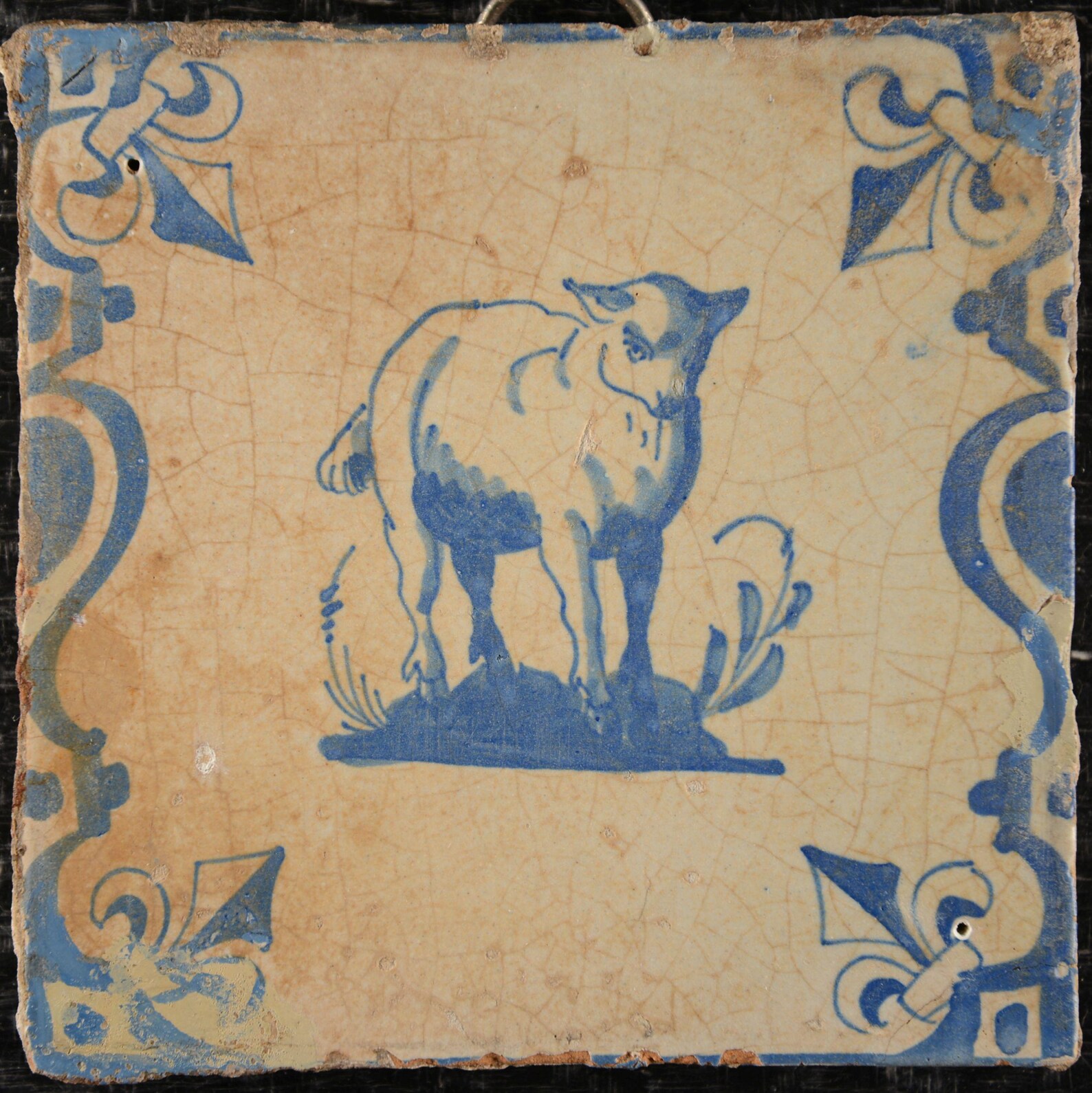 Fine Antique Delft Tile Depicting a Sheep Between Balusters With Lilies ...