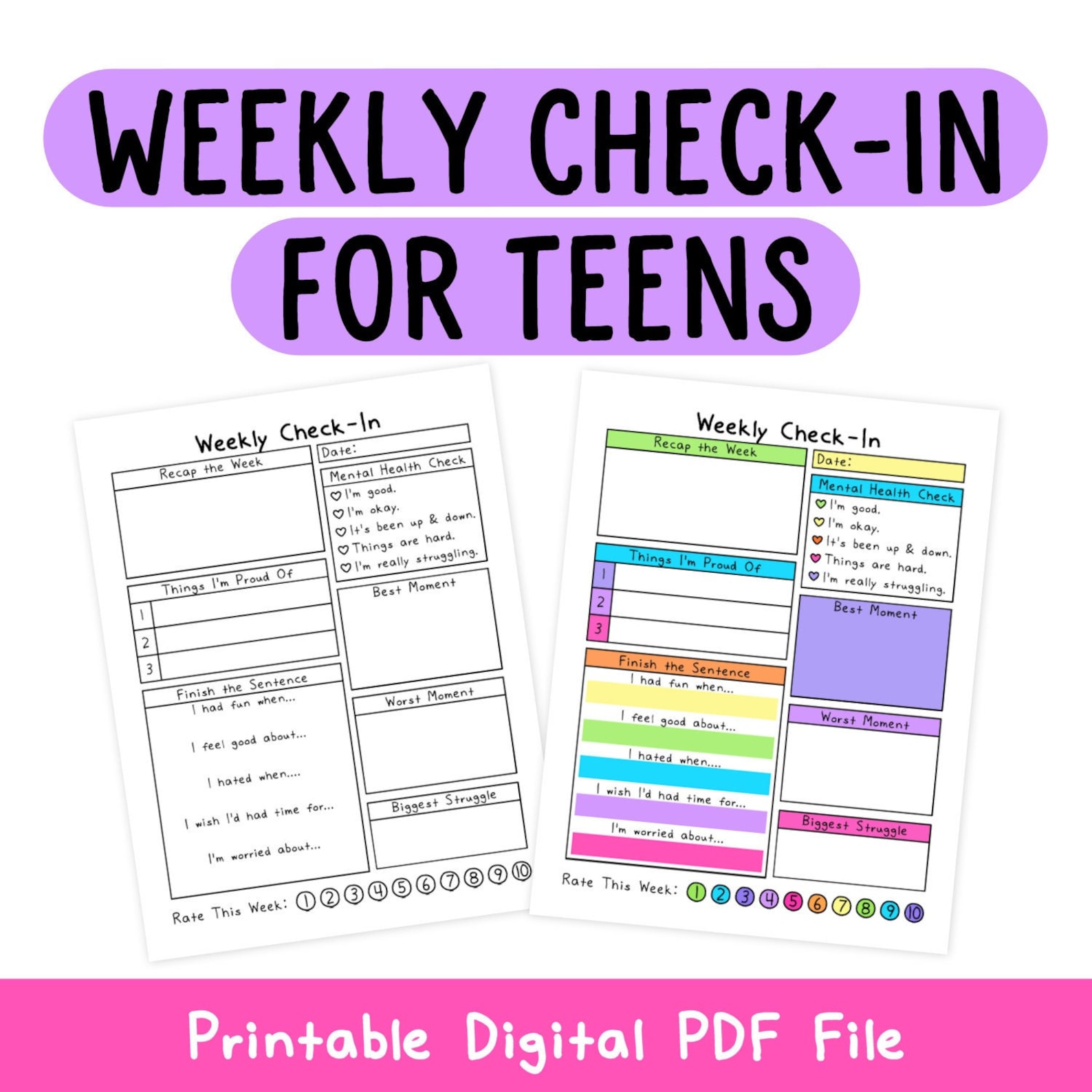 Weekly Check-in for Teens Teen Mental Health School Journaling for ...