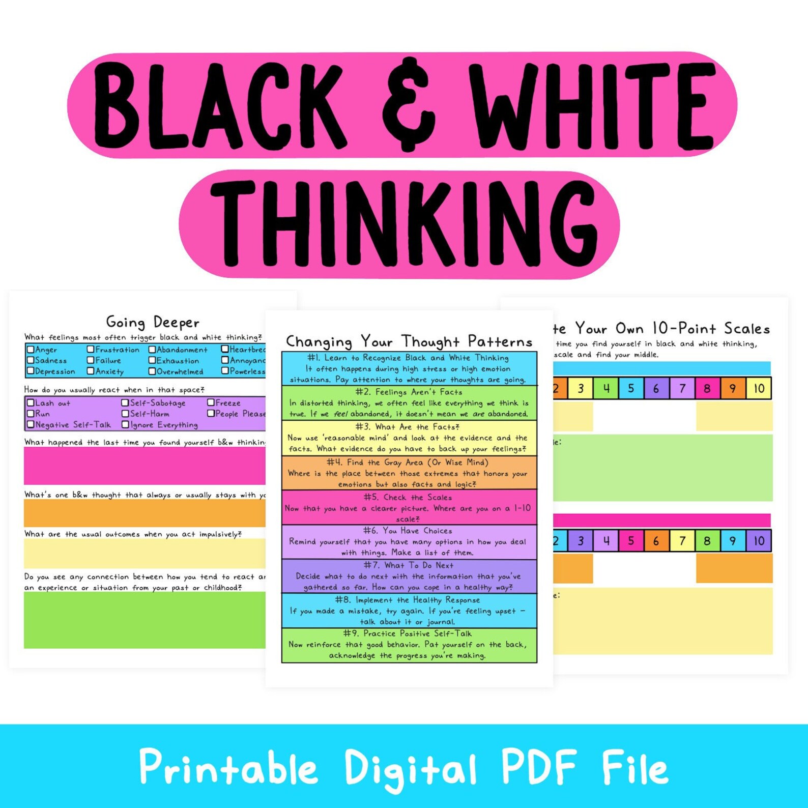 Black and White Thinking Mental Health Worksheets Self-help Depression ...