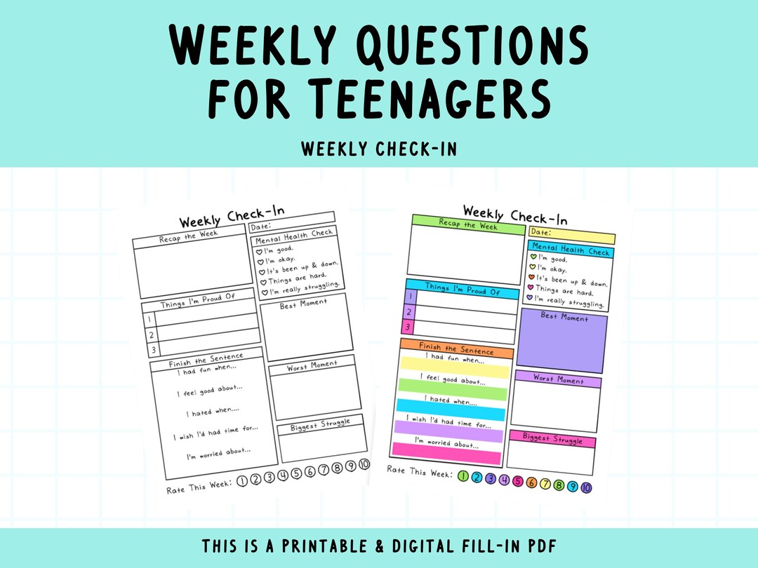 Teen Mental Health Weekly Check-in: Journaling Worksheet (digital ...