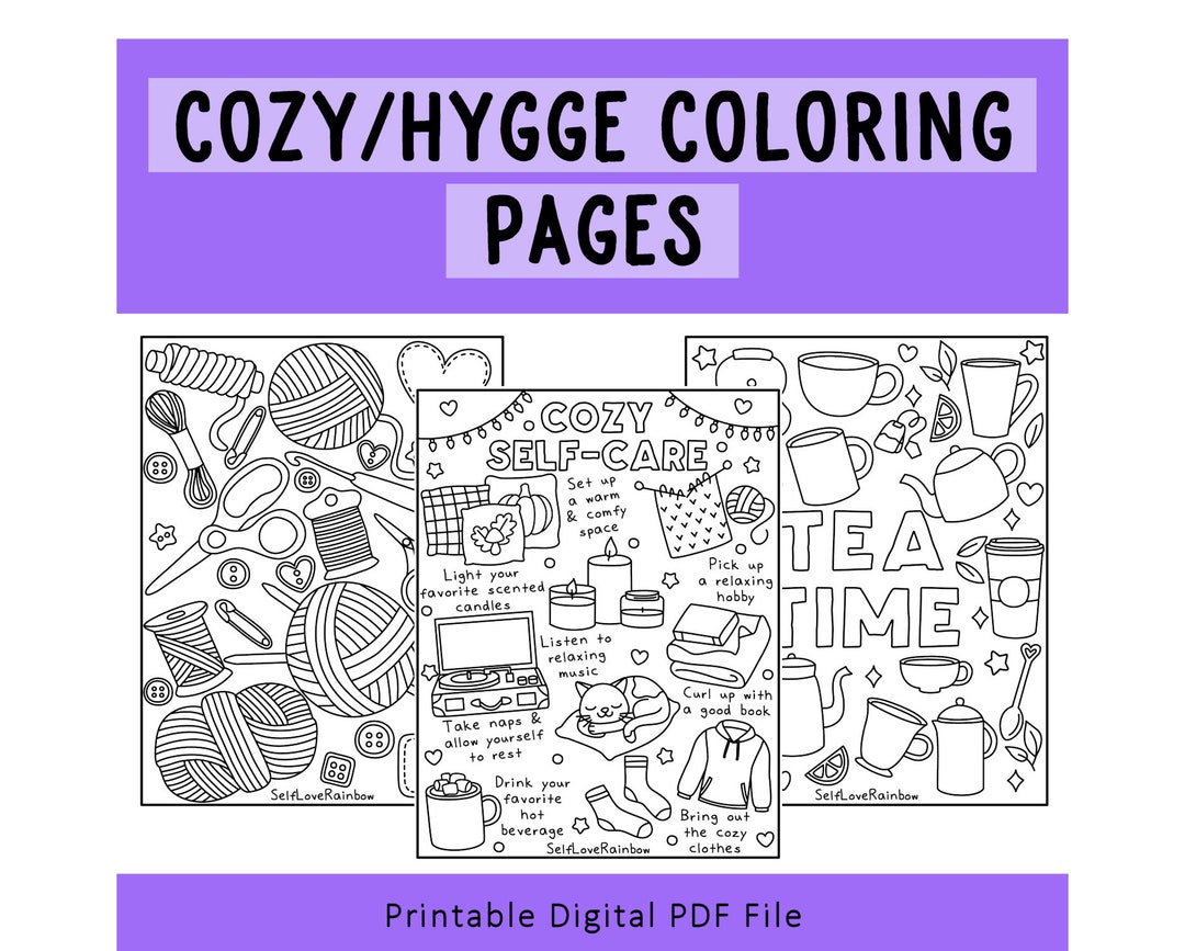 Cozy hygge Coloring Pages Printable Hand Drawn Fall Themed L Digital ...