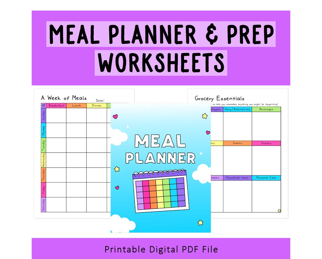 Meal Planner & Prep Worksheets Meal Plan Food Log Menu Planning - Etsy