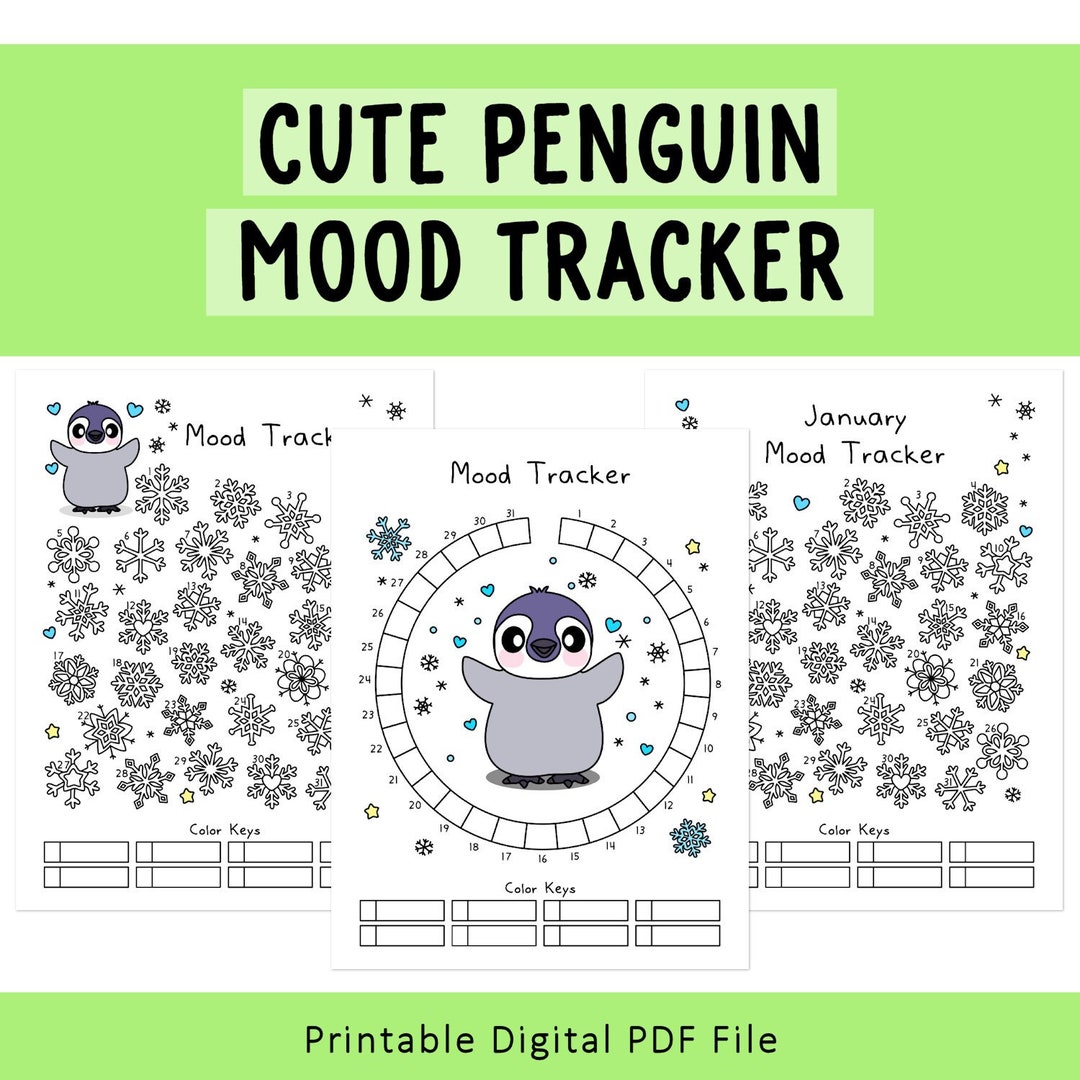 Penguin Mood Tracker Handdrawn Self-love Rainbow Mood Log Mental Health ...