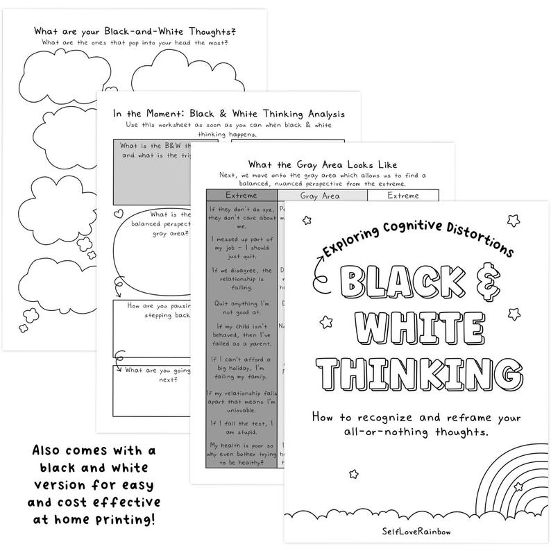 Black and White Thinking Worksheet: Cognitive Distortions, Mental ...