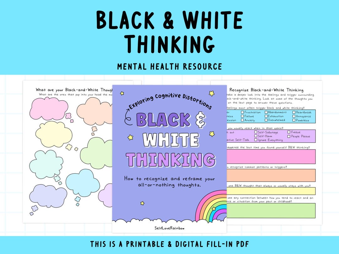 Black and White Thinking Worksheet: Cognitive Distortions, Mental ...