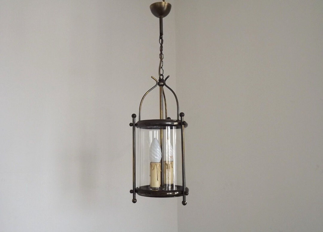 French Vintage Bronze Effect Metal 2 Light Hanging Lantern Glass Shade ...