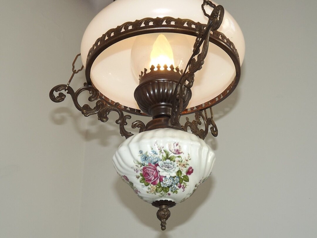 French Country Lantern Ceiling Light With Floral Finial Opaque Glass ...