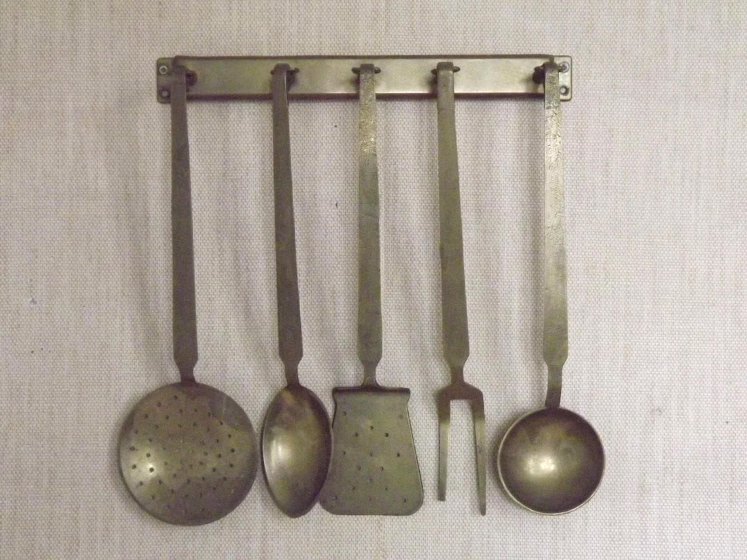 French Vintage Old Brass 5 Piece Kitchen Utensil Set & Wall Hanginging ...