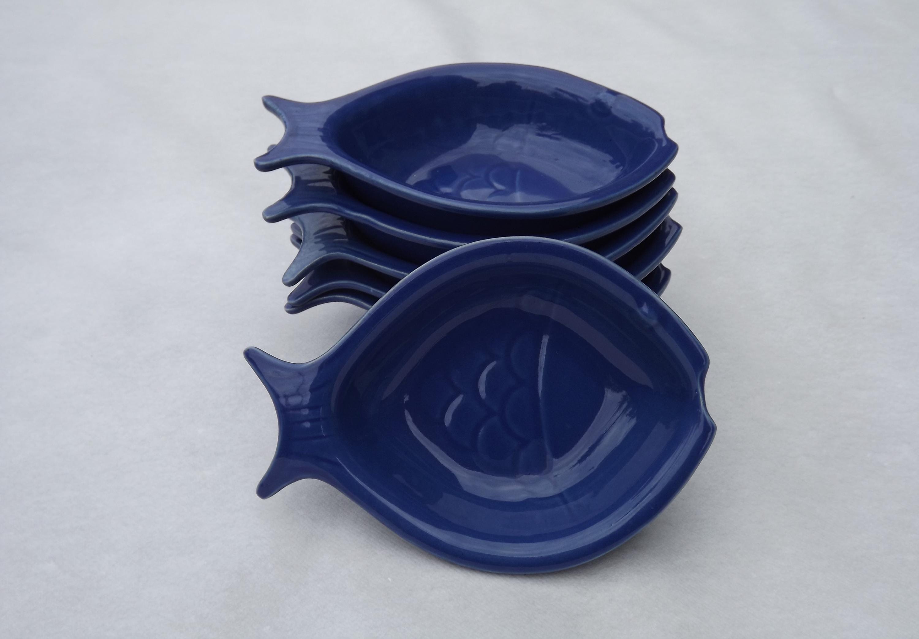 Vintage Royal Blue Ceramic Fish Dishes: Coastal Home Decor, Set of 6 - Etsy