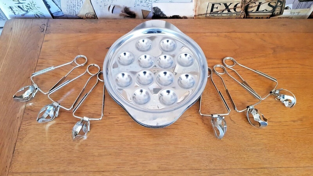 Set of 6 Vintage French Stainless Steel Escargot Plates With 6 Eating ...