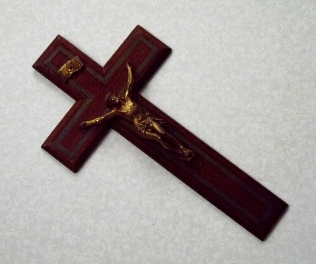 French Vintage Wooden Crucifix Brass Inlay Bronze Finish Spelter Christ ...