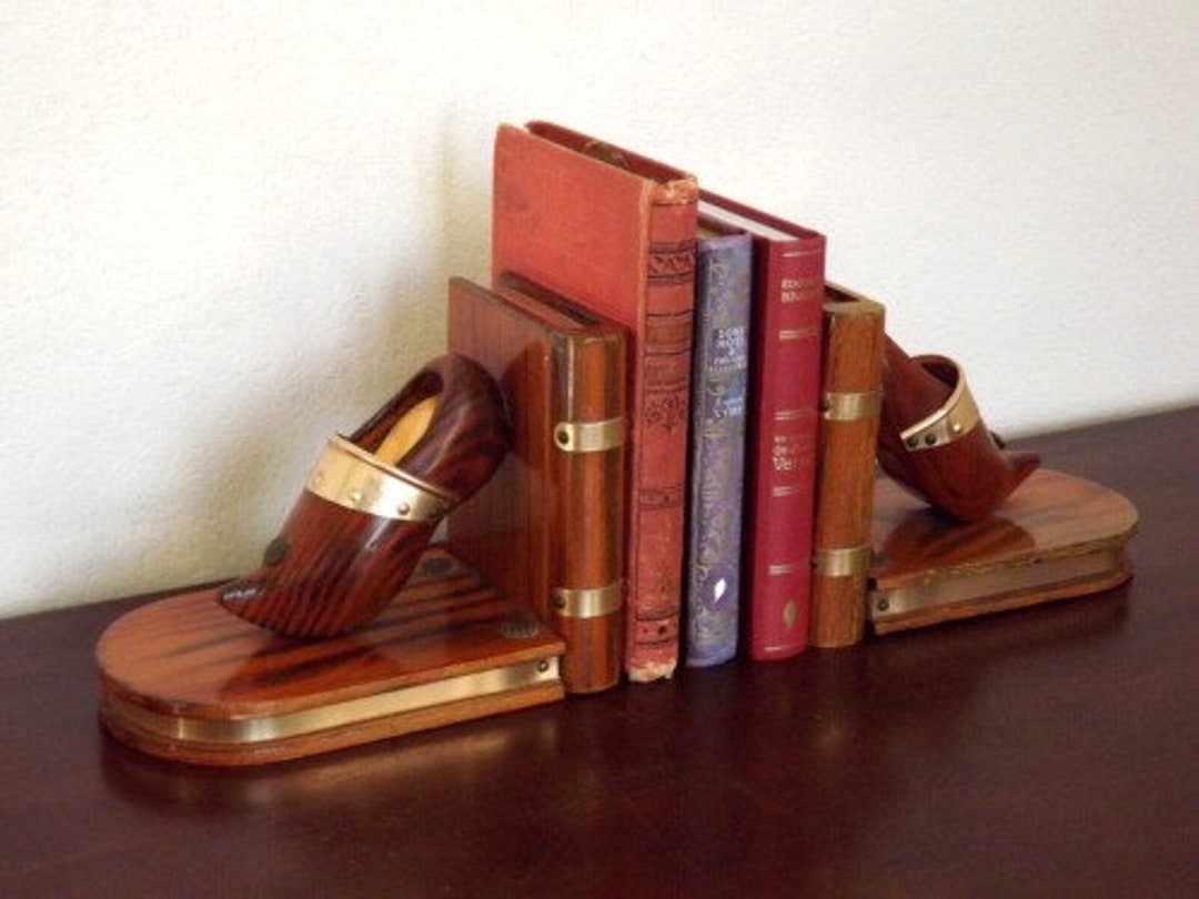 Pair of French Vintage Breton Wooden Bookends With Book and Clog Detail ...