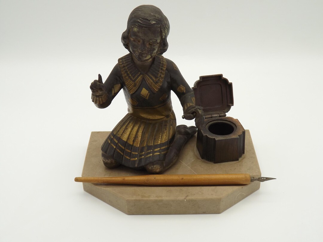 French Art Deco Ink Well With A Figure Young Girl Kneeling on Marble ...