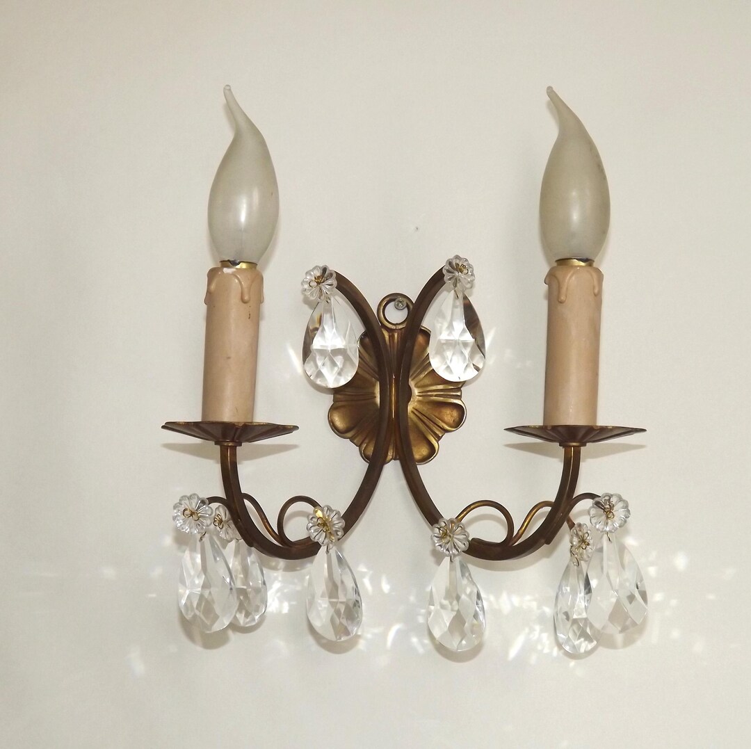 Pretty French Vintage Brass Double Wall Light Adorned With Crystal ...