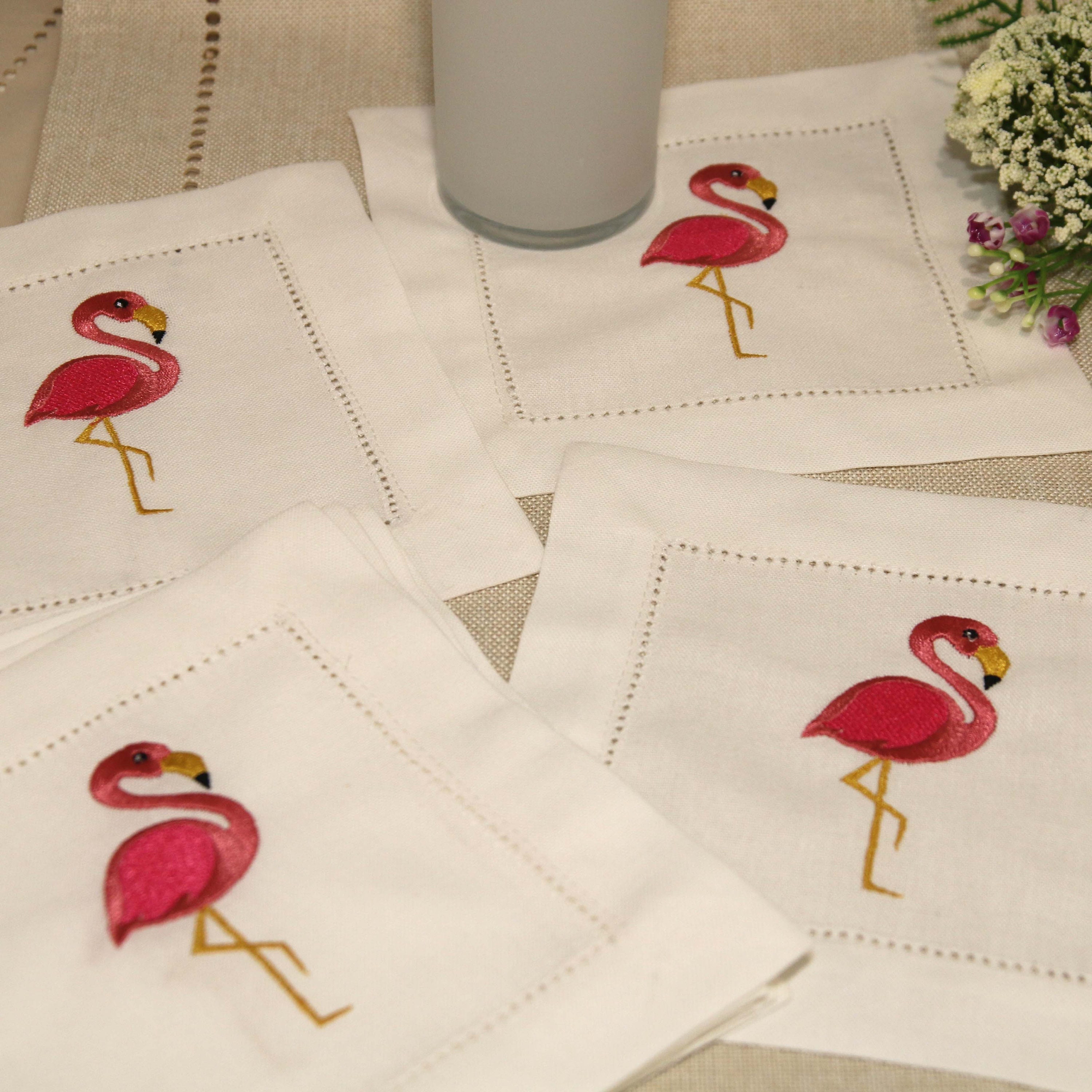 Pink Flamingo Cocktail Napkins, Embroidered Cocktail Napkins With ...