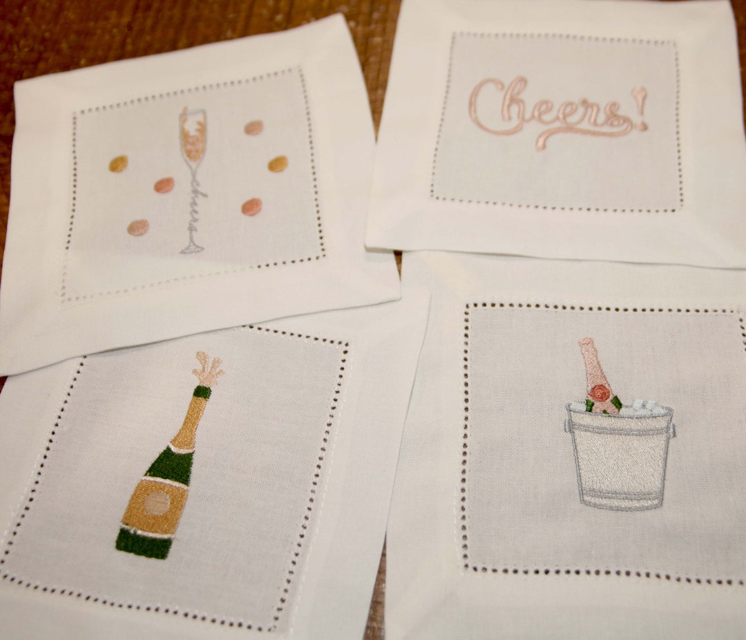 Embroidered Linen Drink Coasters, Bar Cart Decor, White Cloth Cocktail ...
