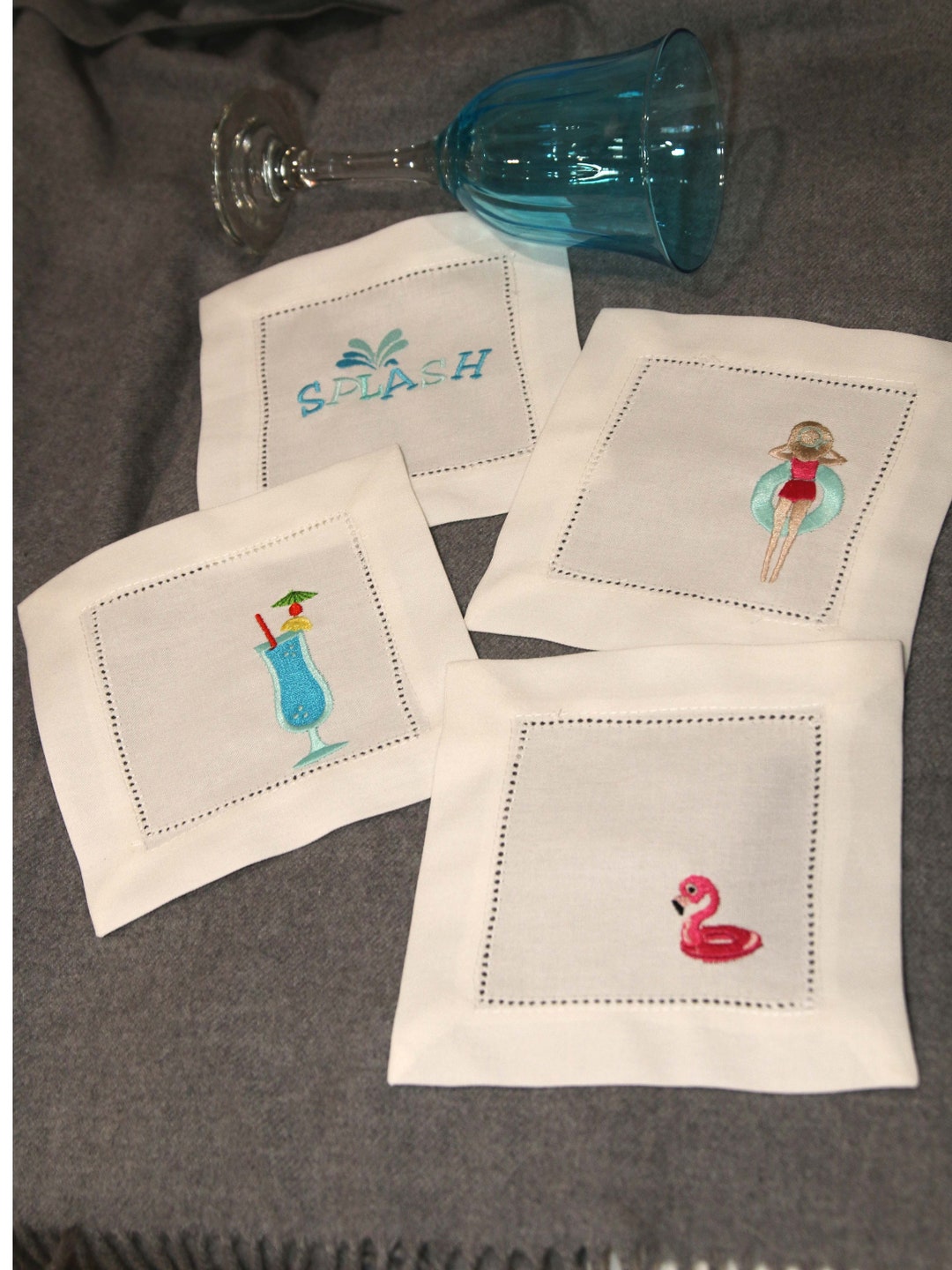Summer Pool Cocktail Napkins, Bar Cart Decor, Embroidered Napkin Set ...