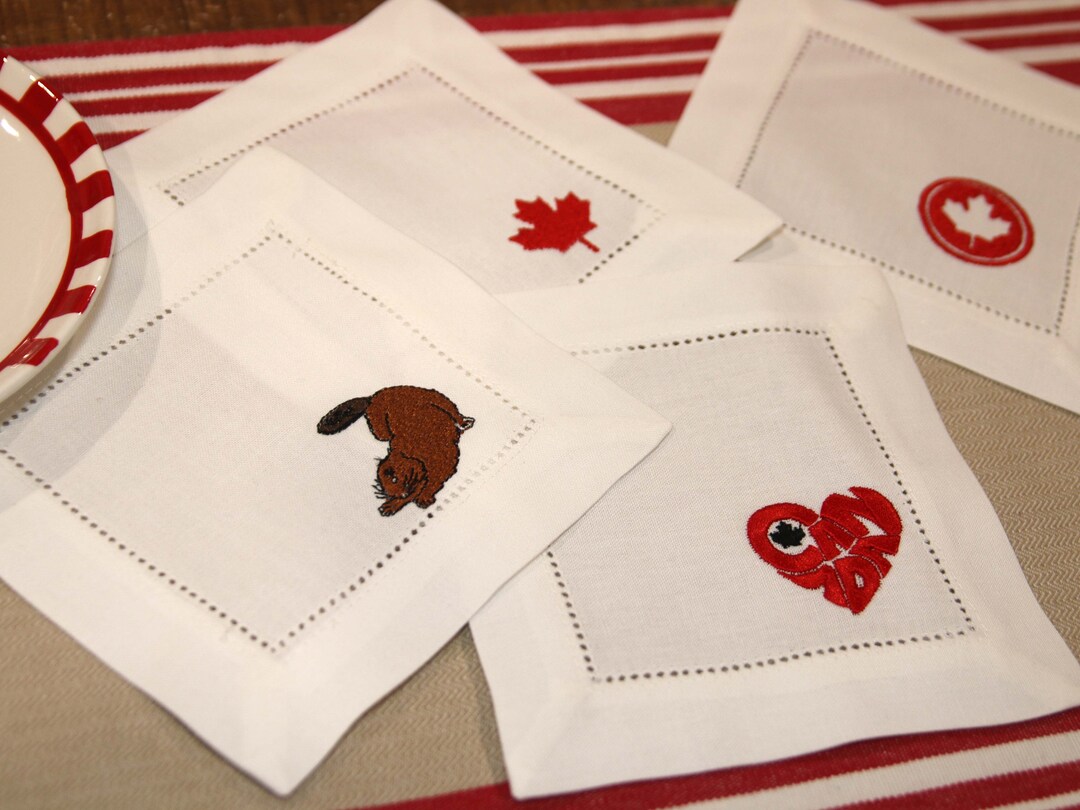 Oh Canada Cocktail Napkins, Bar Cart Decor, Embroidered Napkin Set ...
