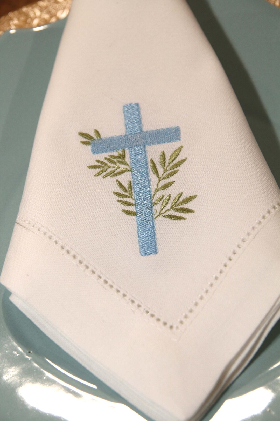 Set of Embroidered Easter Napkins, Religious Cross, Matthew 28-6 ...