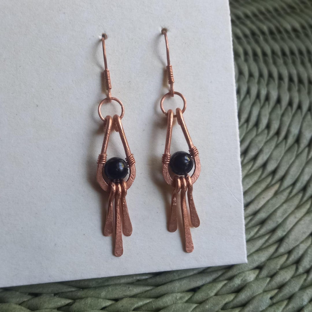 Copper Wire Hammered Dangle and Drop Earrings With a Bead. - Etsy